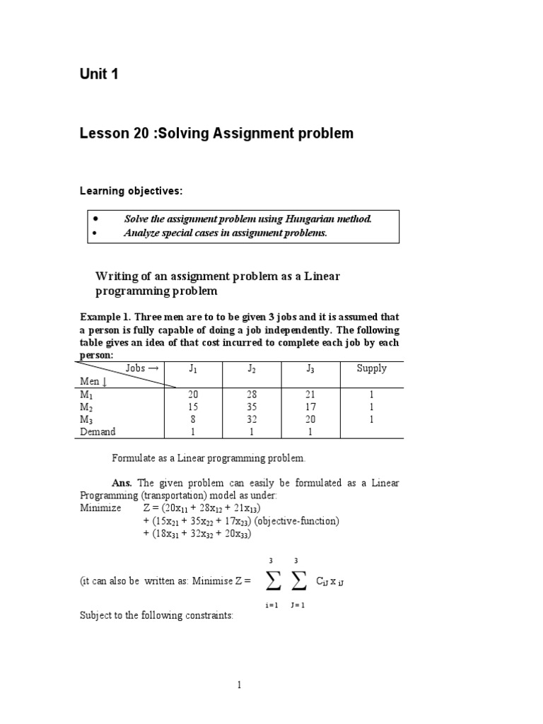 Lesson 20 Solving Assignment Problem Pdf Mathematical Optimization Numerical Analysis