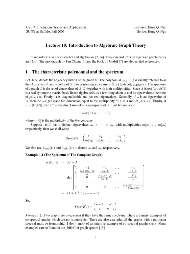 Lecture 10: Introduction To Algebraic Graph Theory: Example 1.1 (The Spectrum of The Complete ...