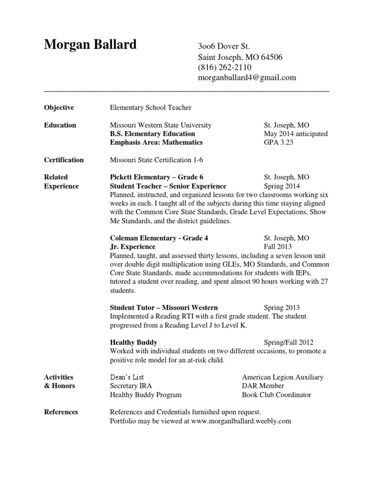 Elementary Teacher Resume MO | PDF