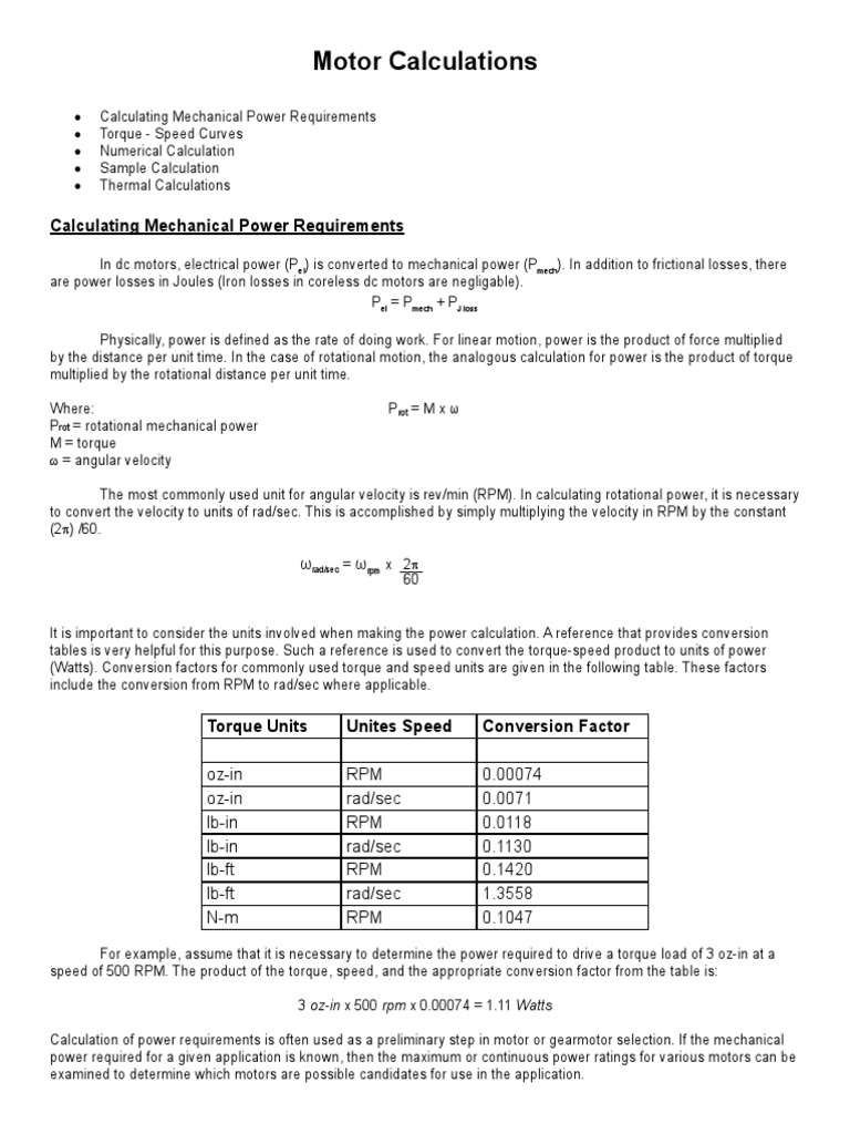 Motor Calculations | PDF | Power (Physics) | Torque