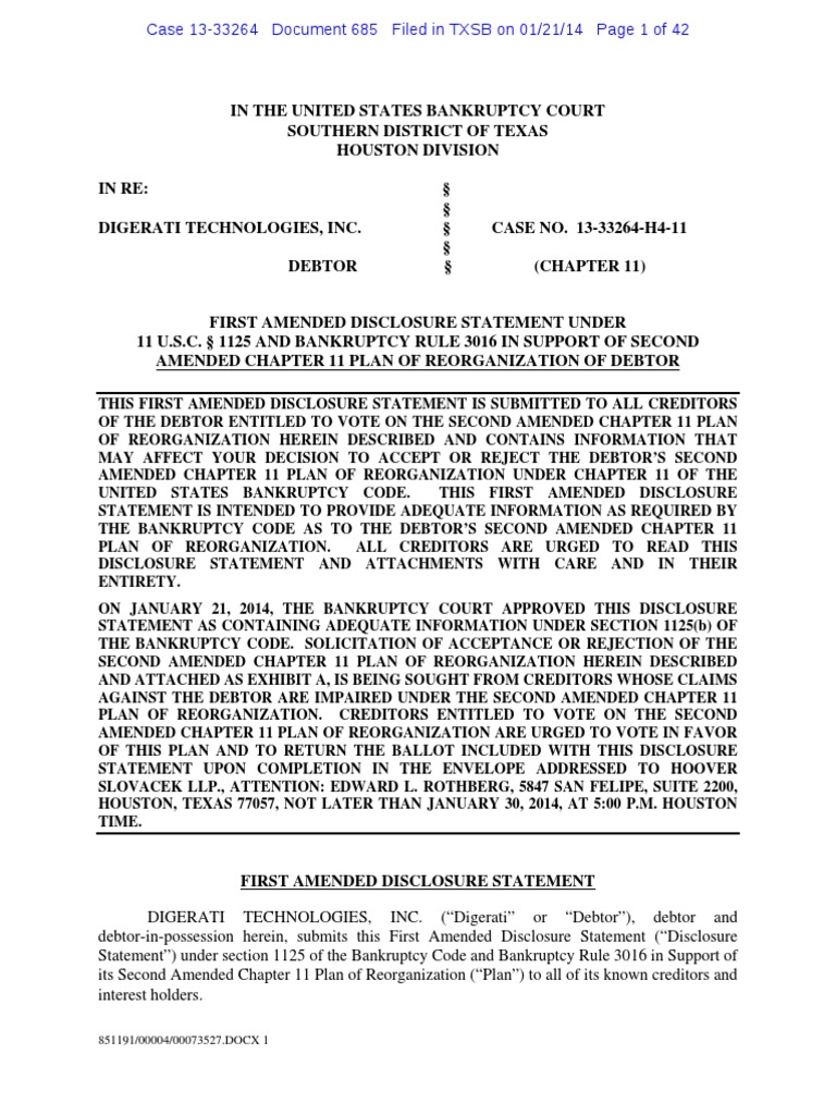 Amended Disclosure Statement Filed by Di - Main Document | Chapter 11 ...