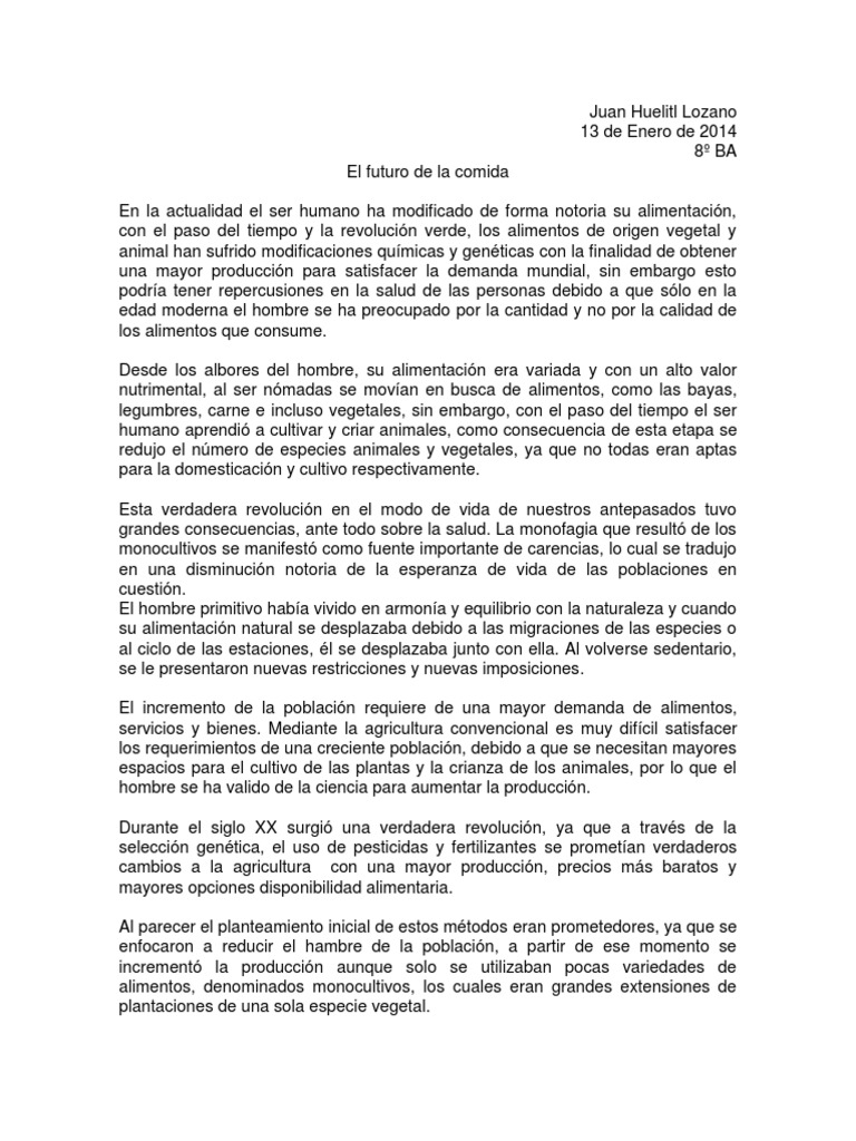 Ensayo Sobre El Futuro de La Comida | PDF | Alimentos | Biotecnología