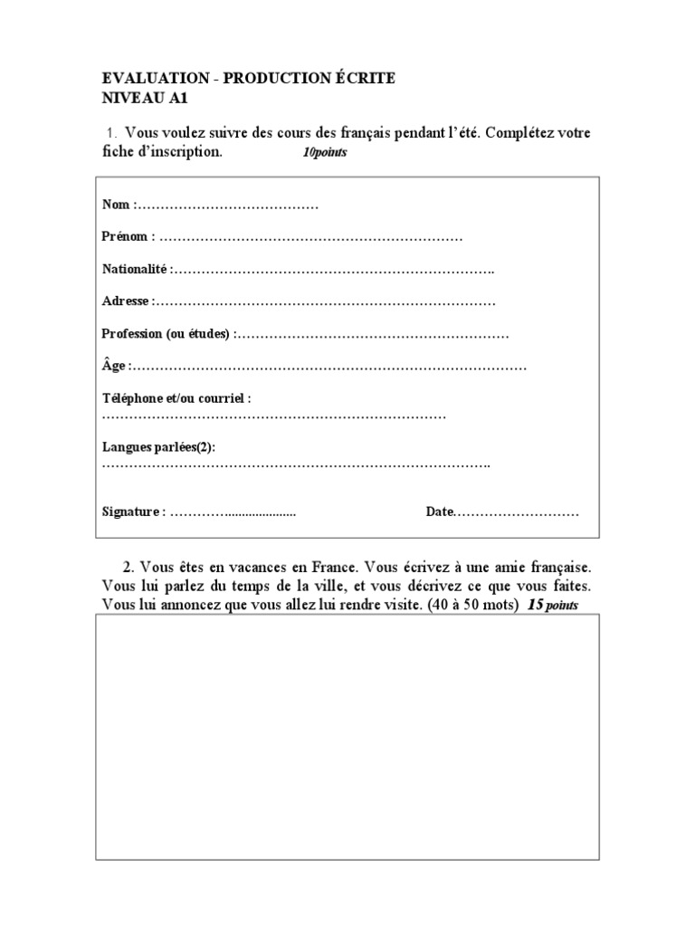 Evaluation A1 - Production Ecrite | PDF