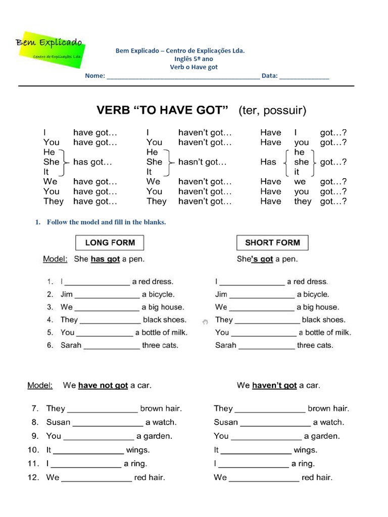 3. Ficha de Trabalho - Verb to Have Got (2)