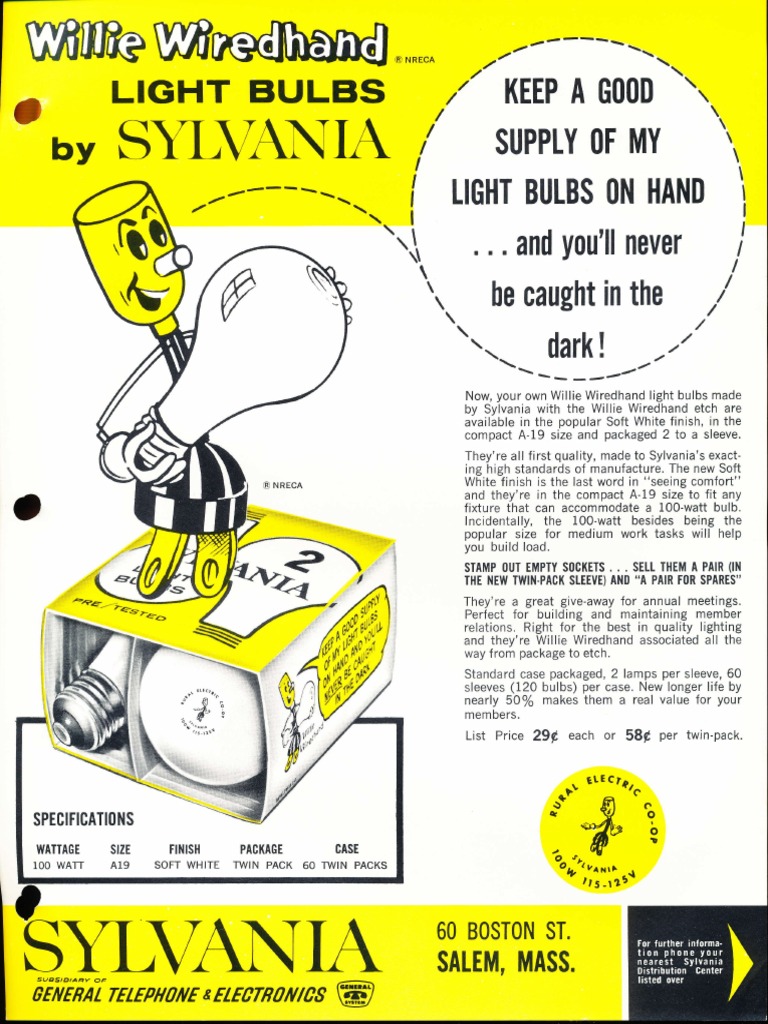 Sylvania Incandescent Willie Wiredhand 100w Lamps Brochure 1964 | PDF ...
