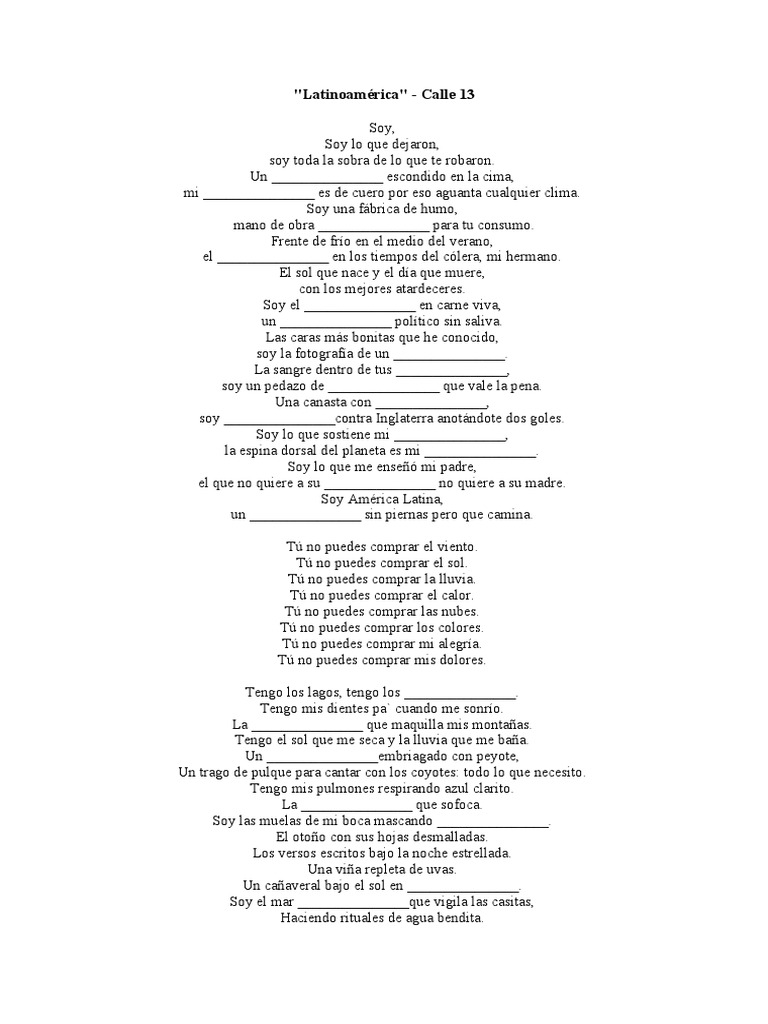 Latinoamérica - Calle 13 - Letra Con Huecos A Completar | PDF ...