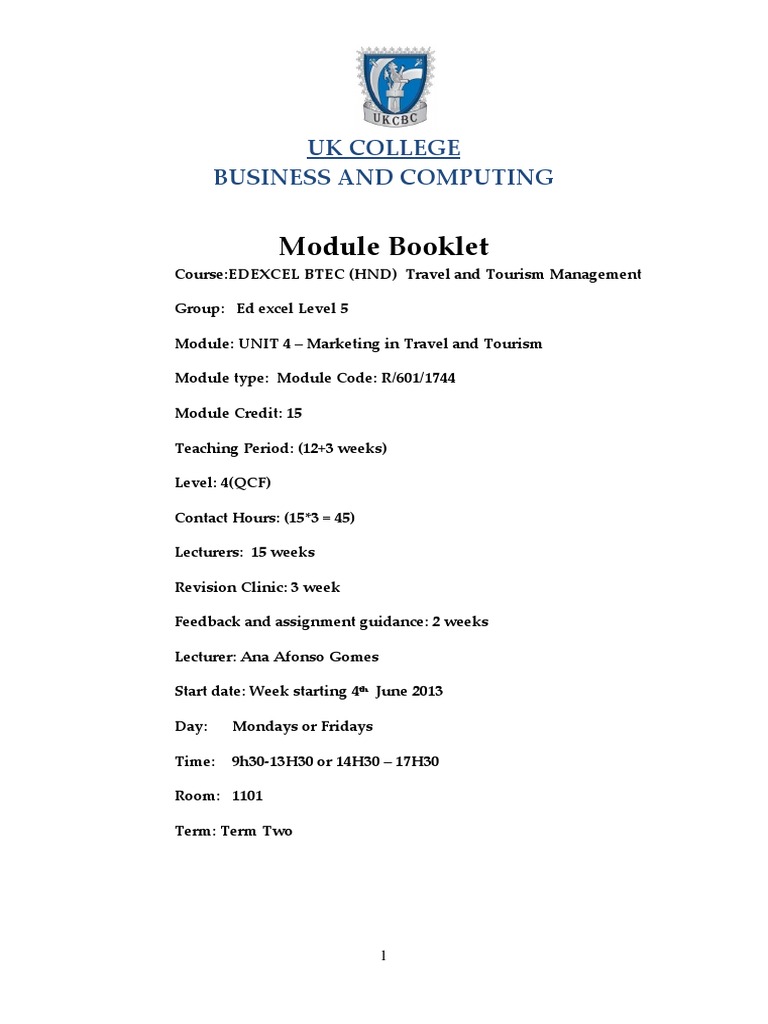 UKCBC MKT T T Course Module Booklet | PDF | Tourism | Marketing