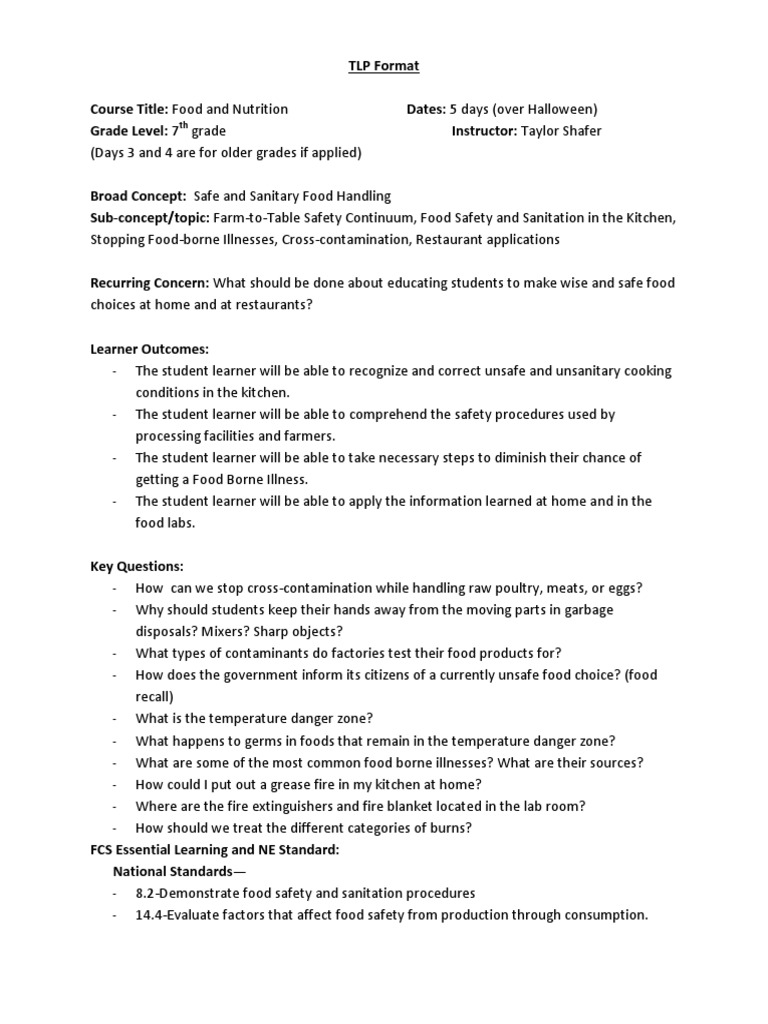 TLP Format Food Safety and Sanitation | PDF | Foodborne Illness | Foods