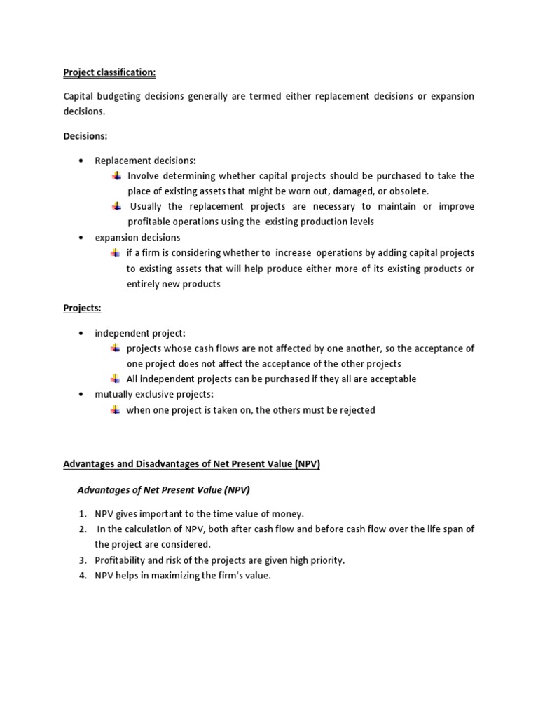 Project Classification:: Advantages of Net Present Value (NPV) | PDF ...