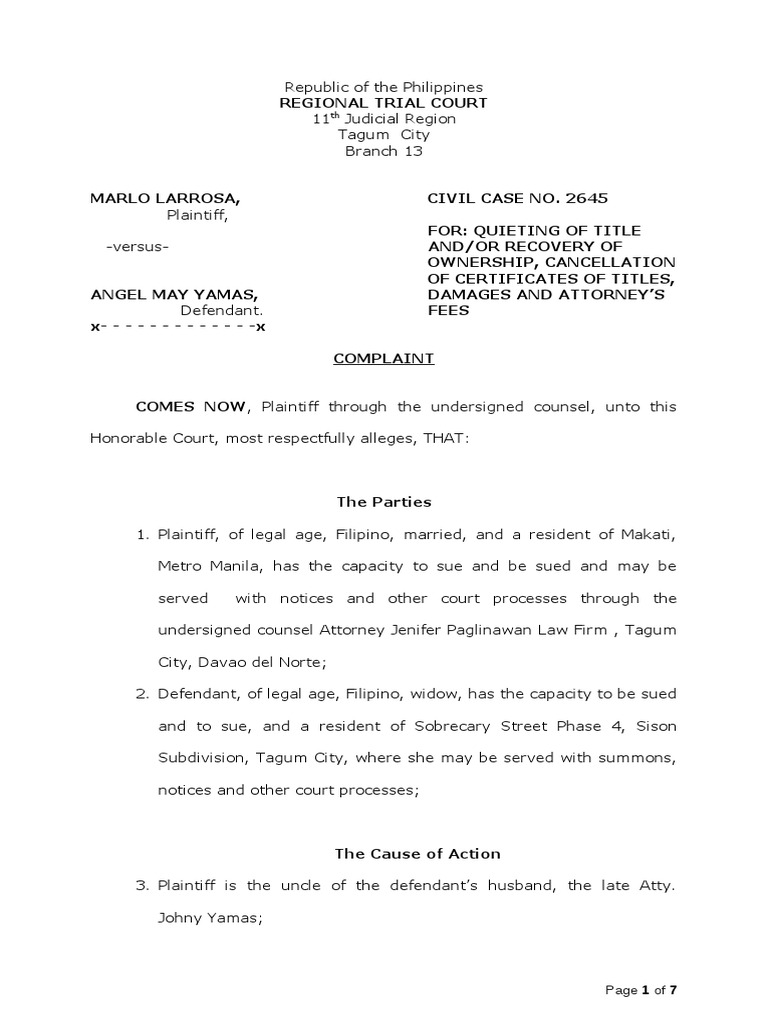 Complaint-Quieting of Title | PDF | Jargon | Legal Communication