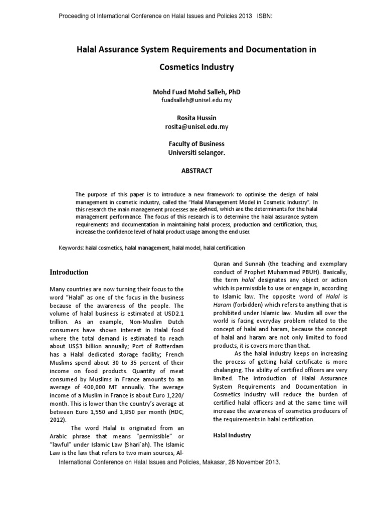 Halal Assurance System Requirements and Documentation in Cosmetics ...