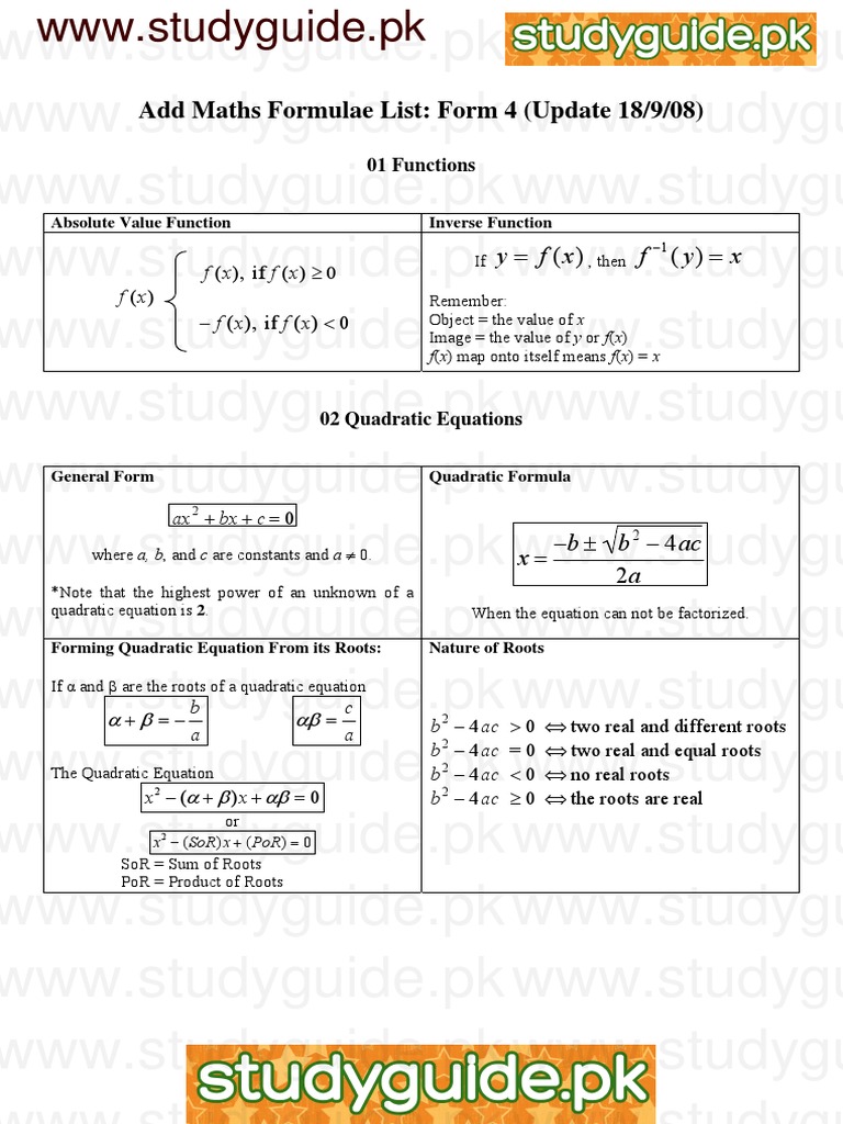 SPM Add Maths Formula List Form4 | PDF | Sine | Slope
