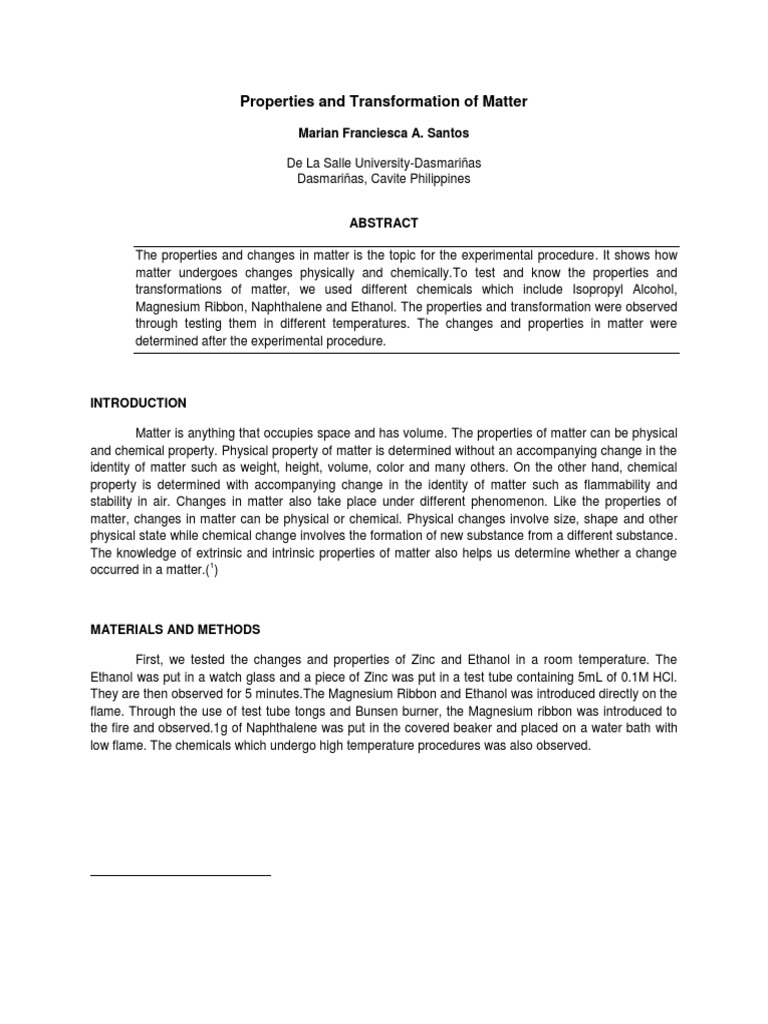 Properties and Transformation of Matter | PDF | Chemical Substances ...