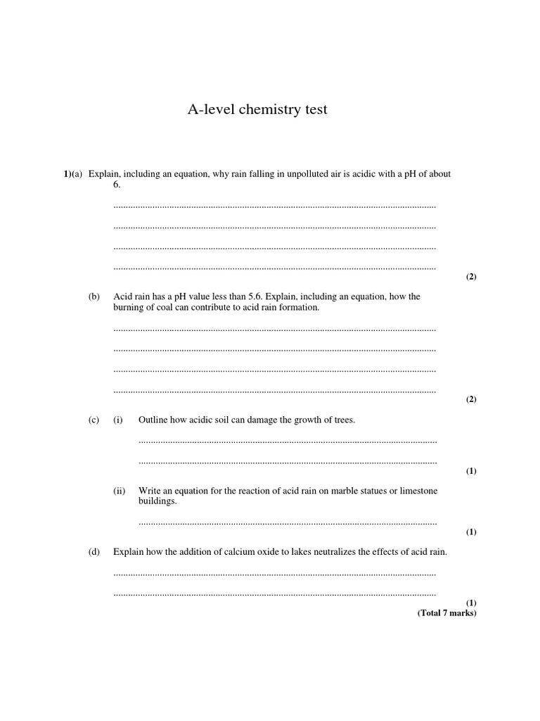 A-Level Chemistry Test | PDF | Chemical Reactions | Ammonia
