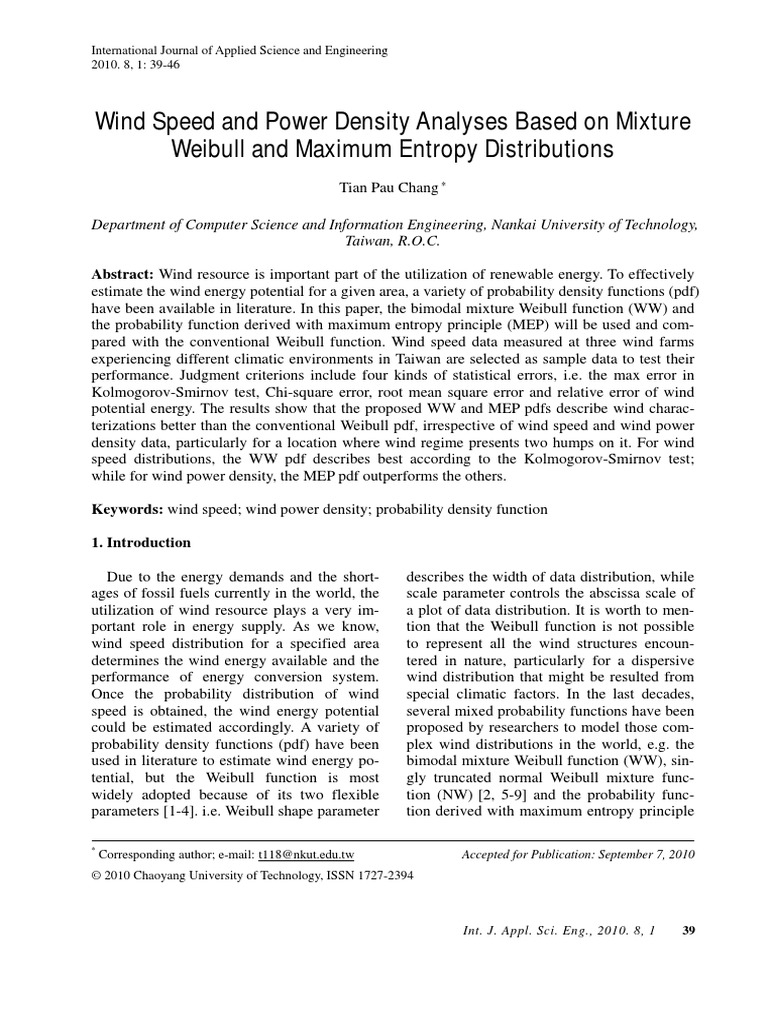 Wind Speed and Power Density Analyses Based On Mixture Weibull and ...