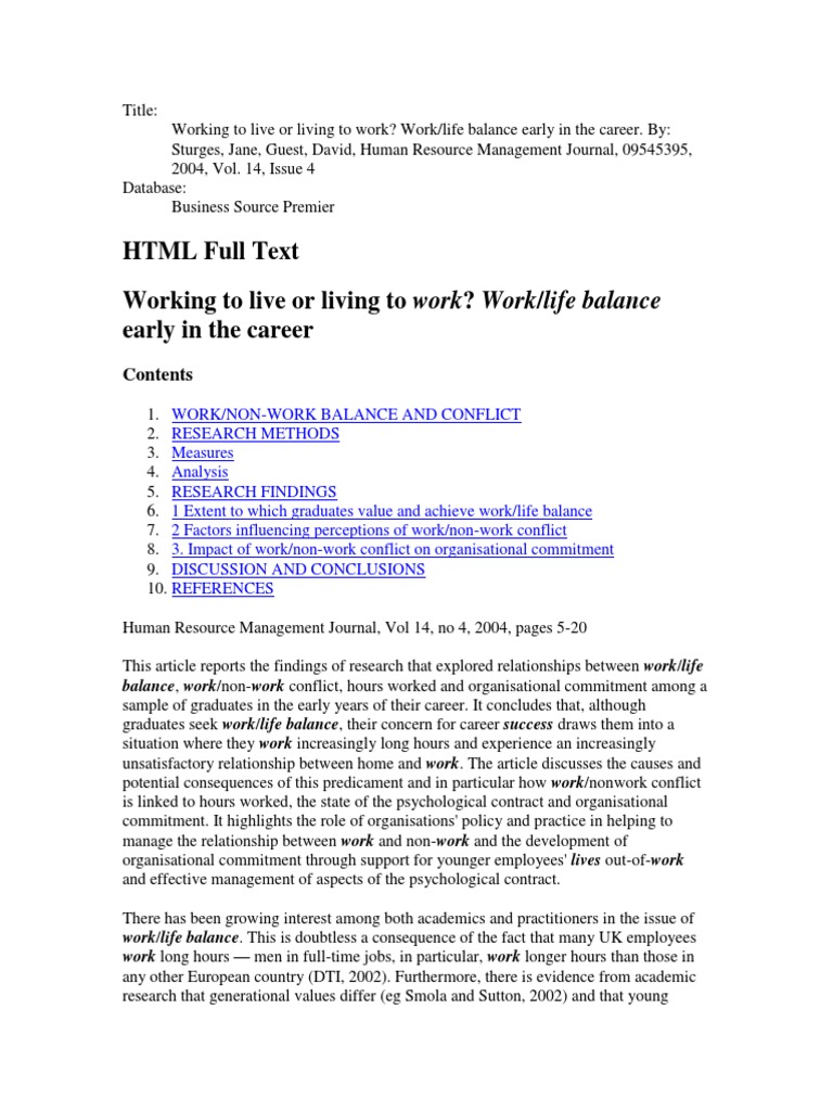 Working To Live or Living To Work Worklife Balance Early in The Career ...