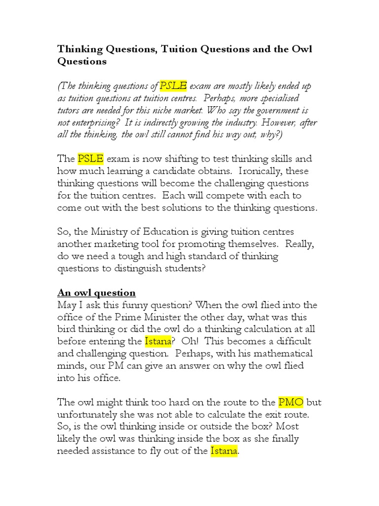 Thinking Questions Tuition Questions and The Owl Questions | PDF | Test ...