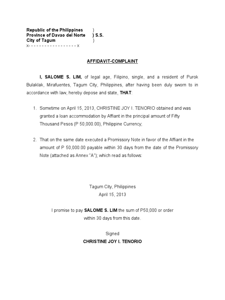 SAMPLE AFFIDAVIT Complaint - BP 22 | PDF | Civil Law (Common Law ...