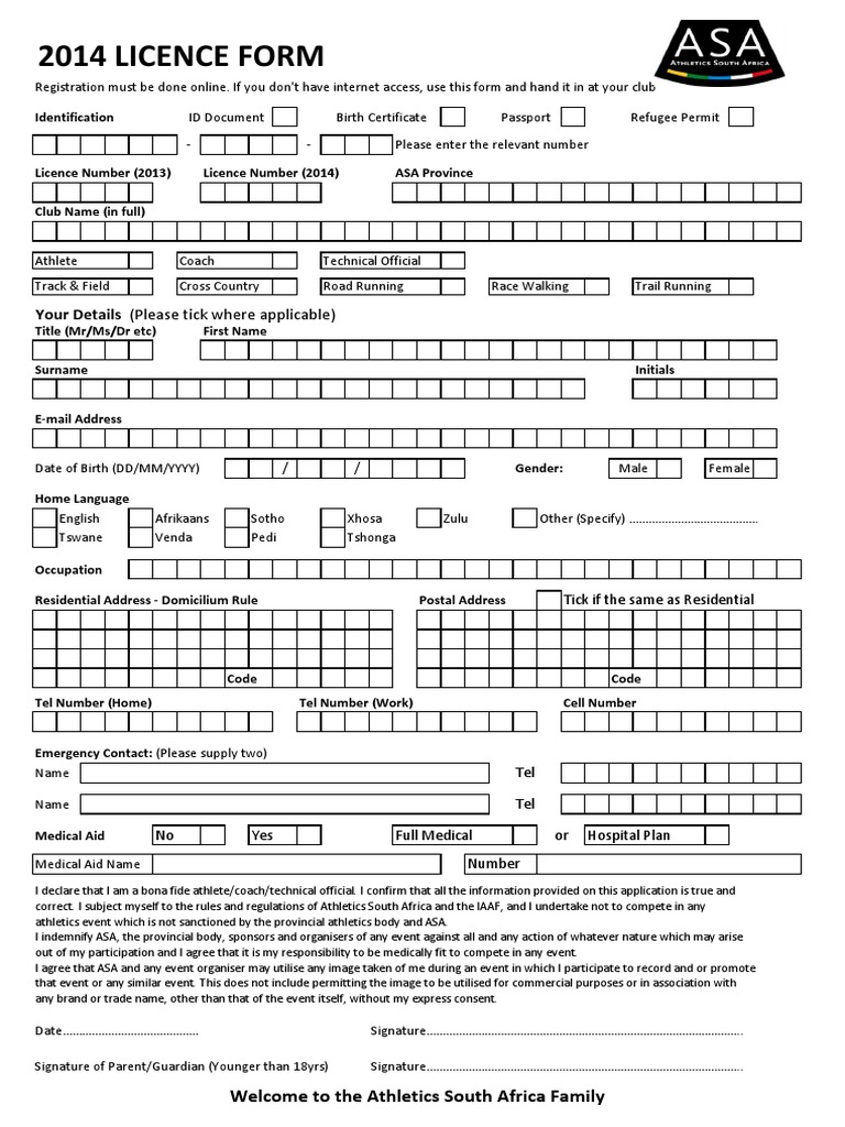 ASA Running License Registration Form | PDF | Sports & Recreation