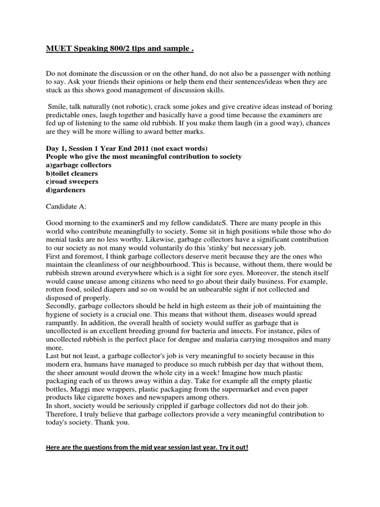 MUET Speaking 800/2 Sample Response and Discussion Questions | PDF ...