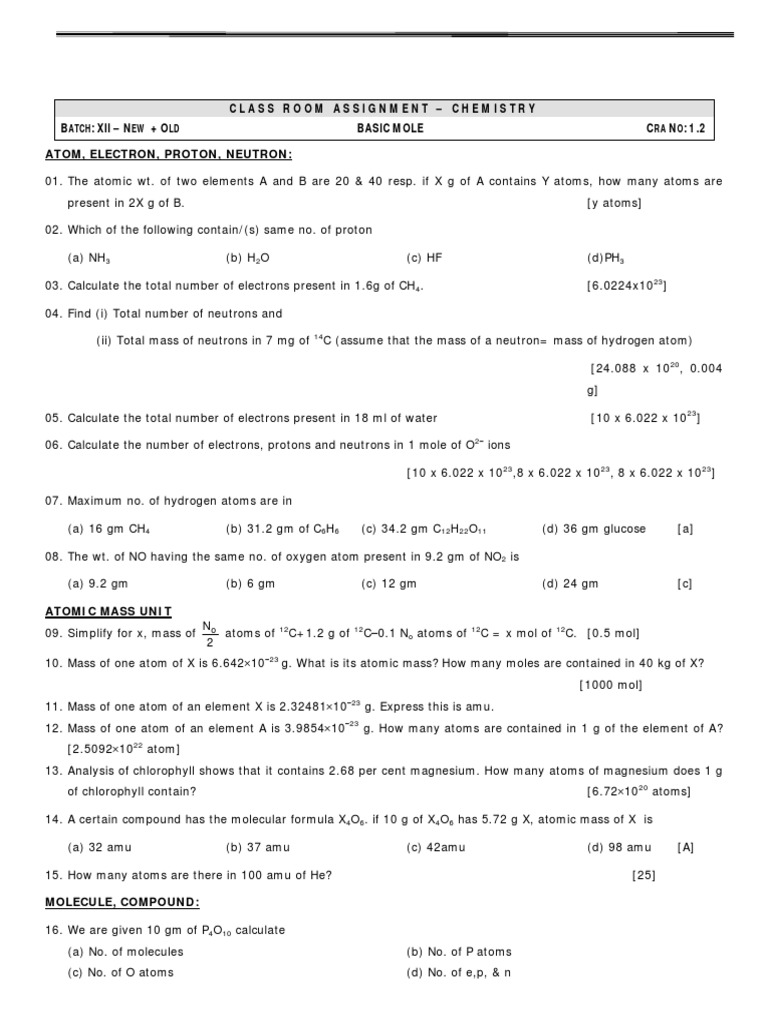 Chemistry Assignment: Mole Calculations | PDF | Atomic Mass Unit | Mole ...
