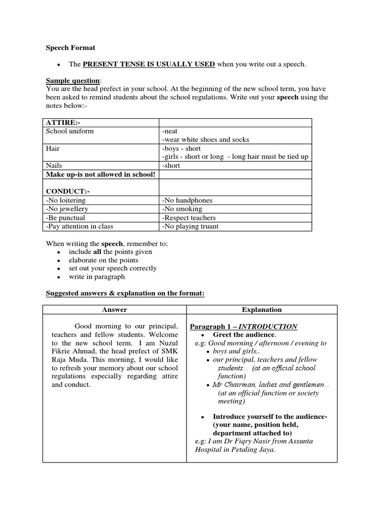 Speech Format | Homework | Teachers
