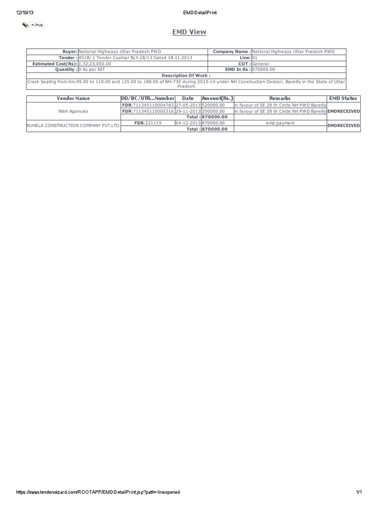 EMD View: Vendor Name DD/BC/UTR... Number Date Amount (RS.) Remarks EMD Status | PDF ...