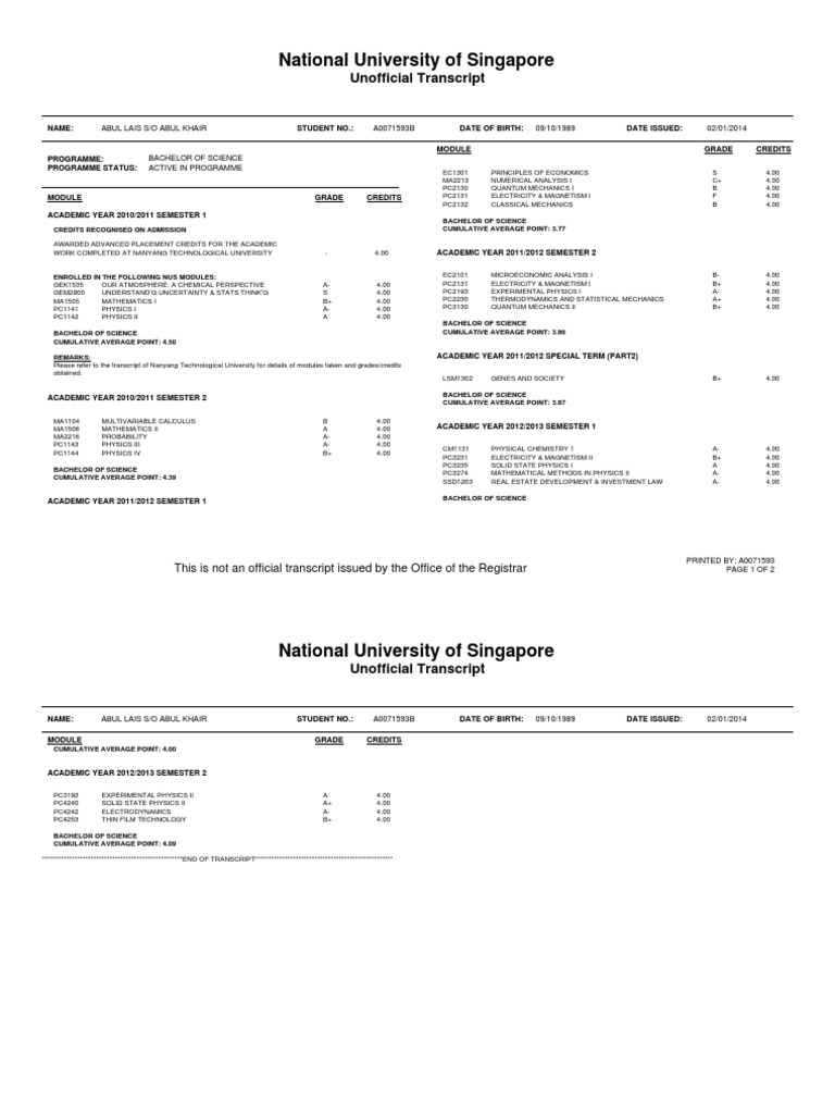 NUS Unofficial Transcript for Abul Lais | PDF | Teaching Methods ...