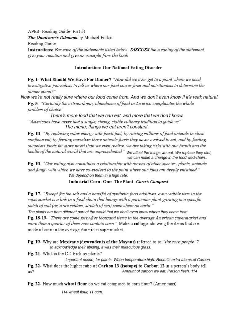The Omnivores Dilemma - Reading Guide - Part 1 | PDF | Plants | Foods