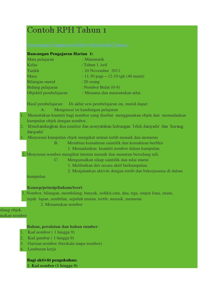 Contoh RPH Tahun 1 | PDF