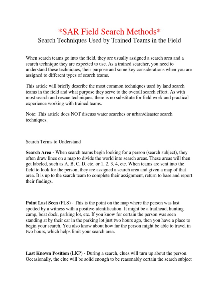 SAR Field Search Techniques Explained | PDF | Search And Rescue | Trail