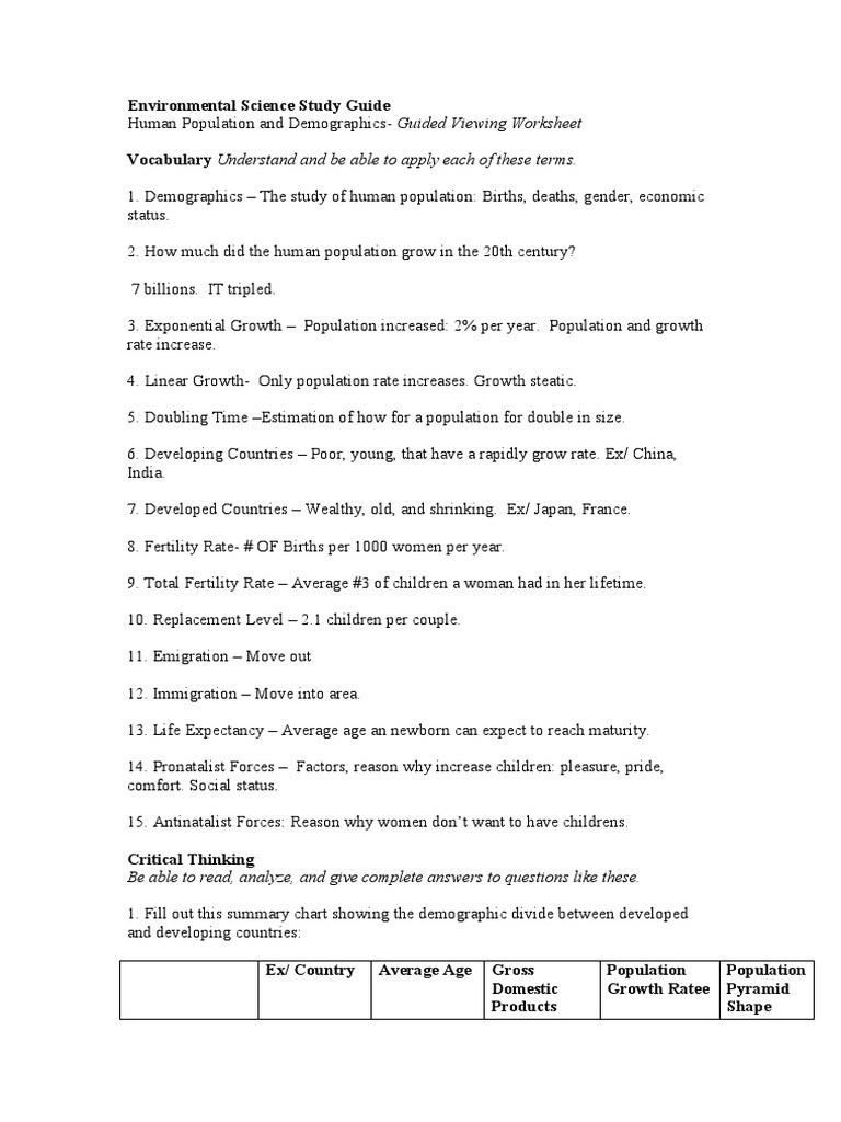 Human Population Dynamics Study Guide | PDF | World Population | Total ...
