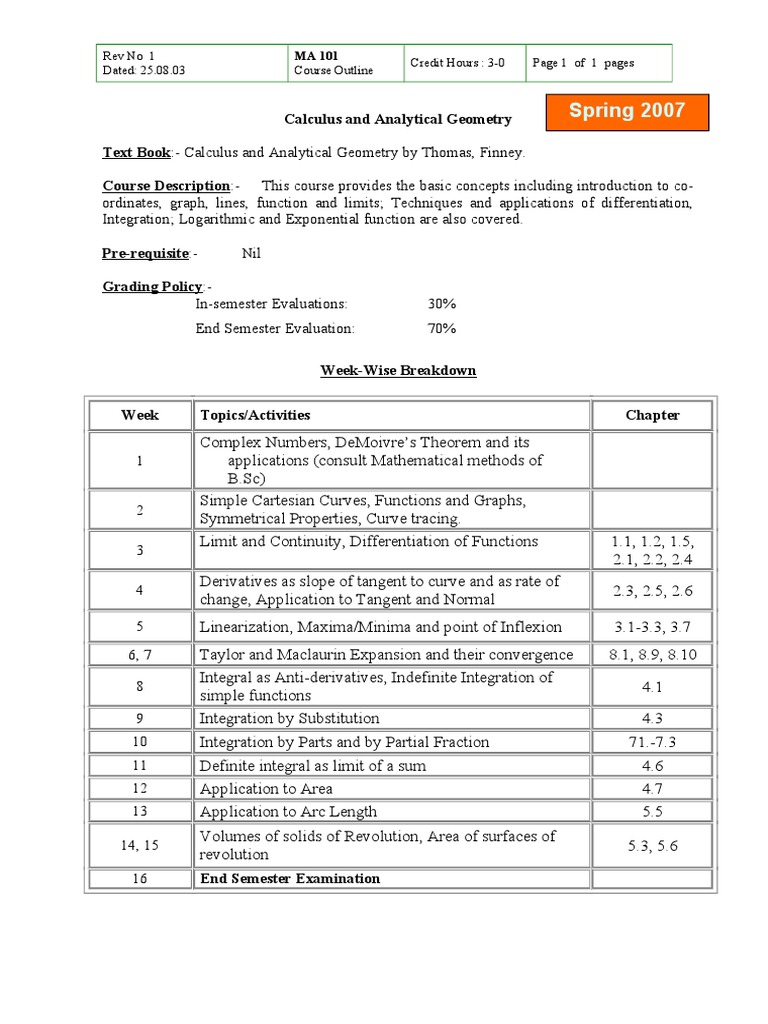 Calculus and Analytical Geometry MA101 | PDF | Algebraic Geometry | Abstract Algebra