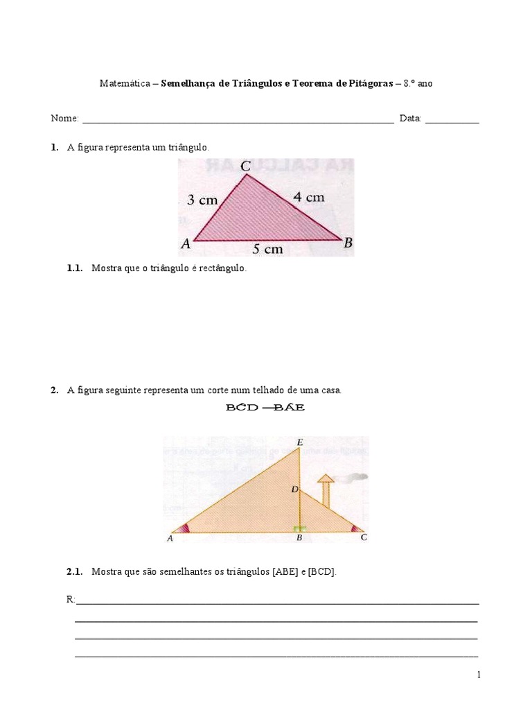 Semelhança De Triângulos E Teorema De Pitágoras Matemática 8 º Ano