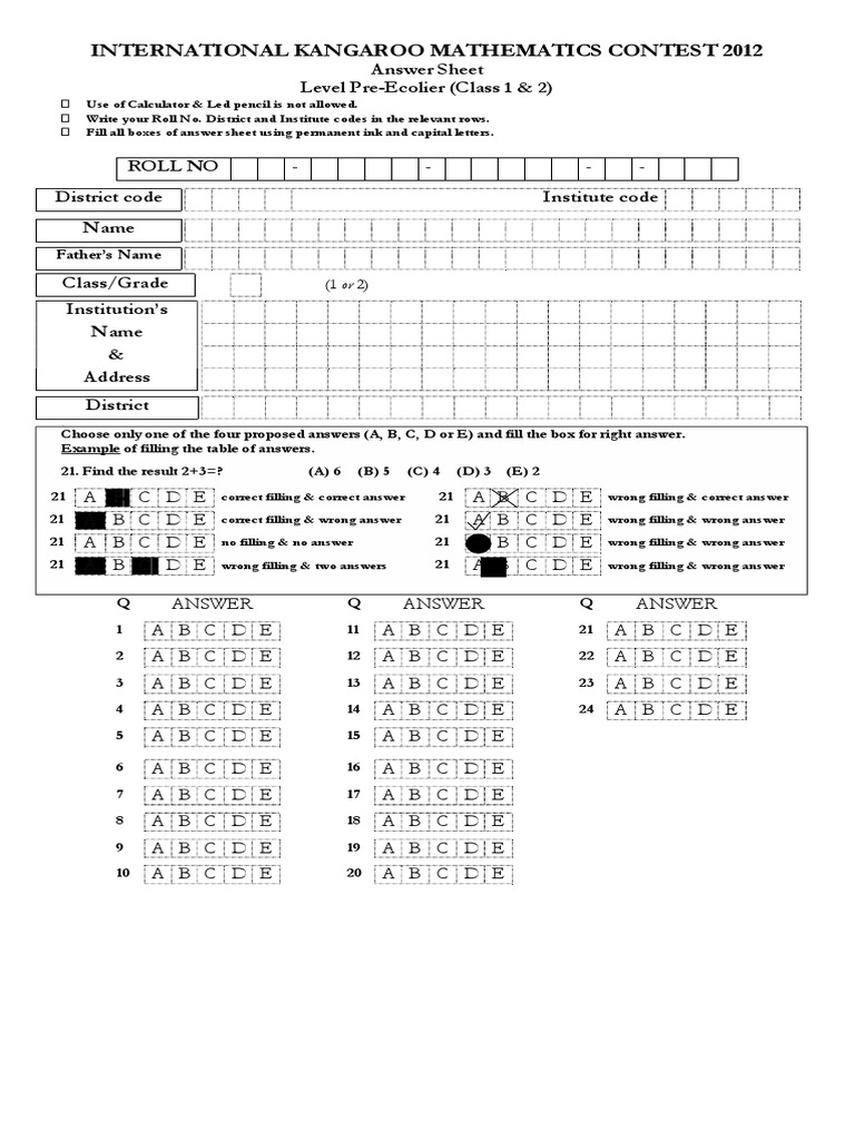 Answer Sheet 2012 | Teaching Mathematics
