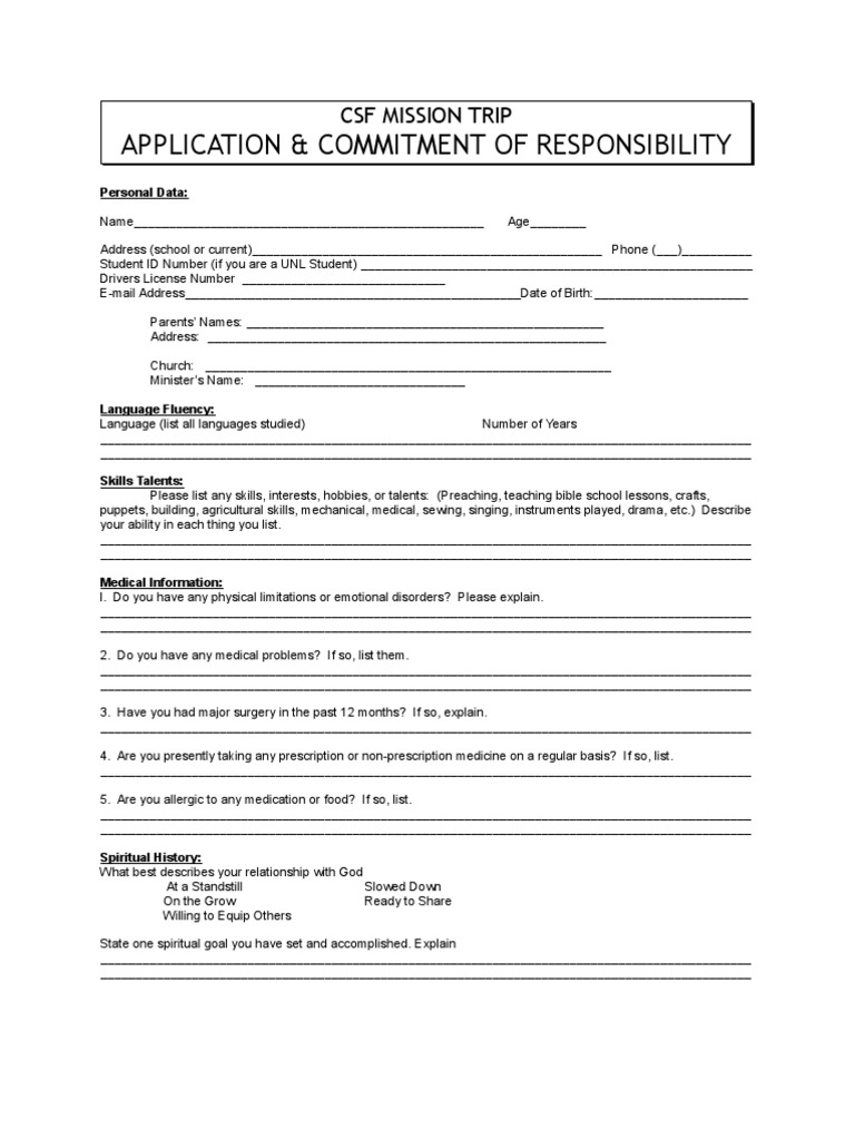 CSF Mission Trip Application Form | PDF | Missionary (Lds Church ...