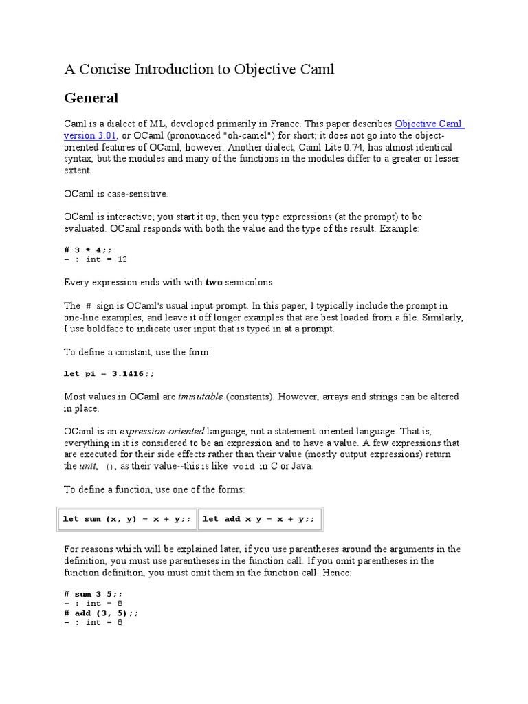 A Concise Introduction To Objective Caml Pdf Parameter Computer Programming String