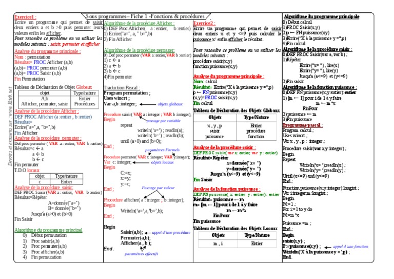Fiche1 Ex Sous Programme | PDF | Concepts mathématiques | Domaines de l'informatique
