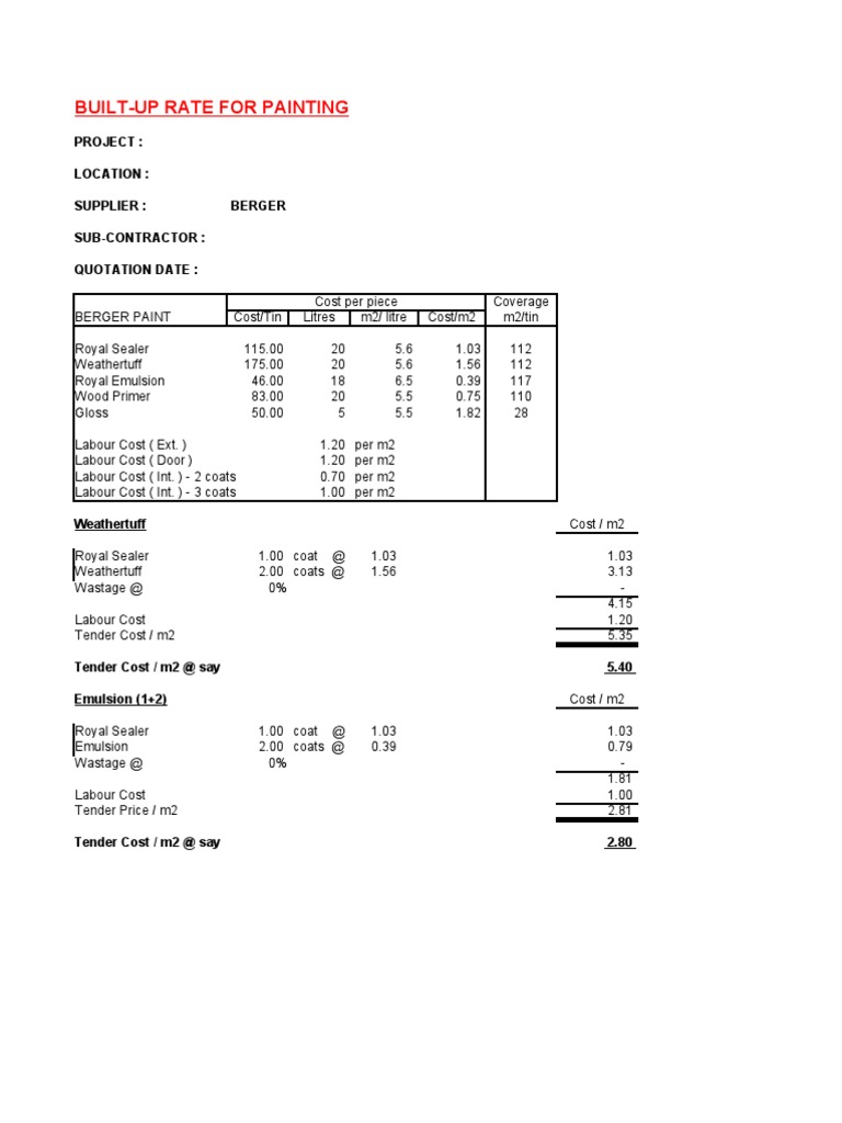 Built-Up Rate For Painting: Project: Location: Supplier: Berger Sub ...