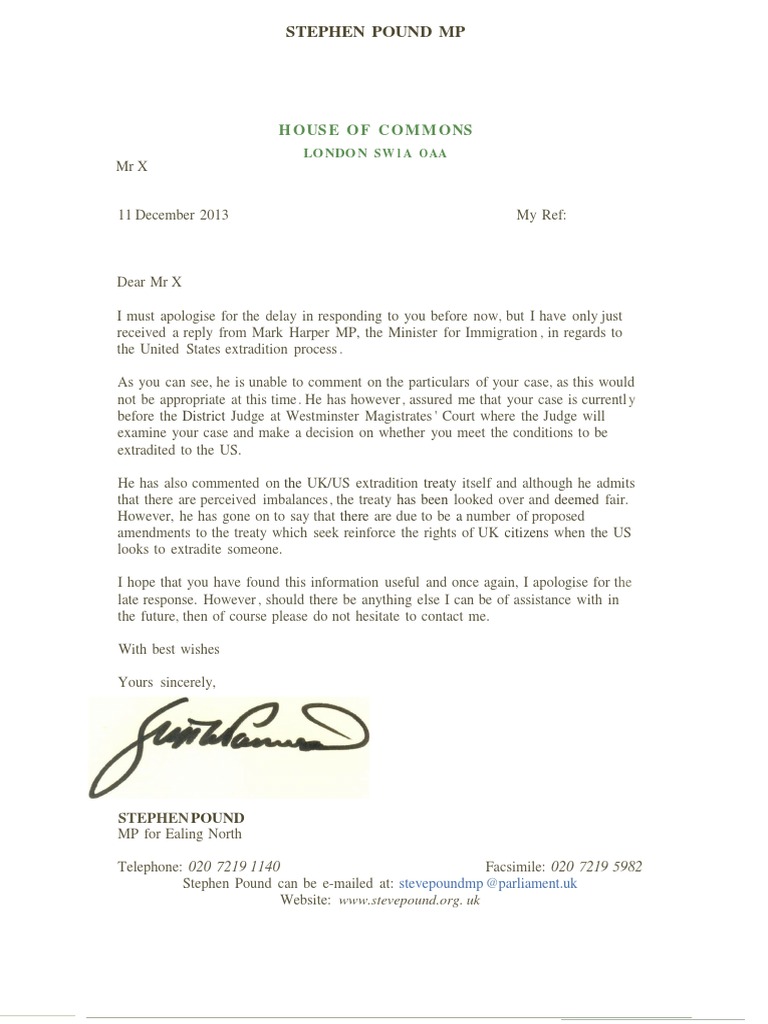 Home Office Minister Response to MP Letter for His Constituent ...