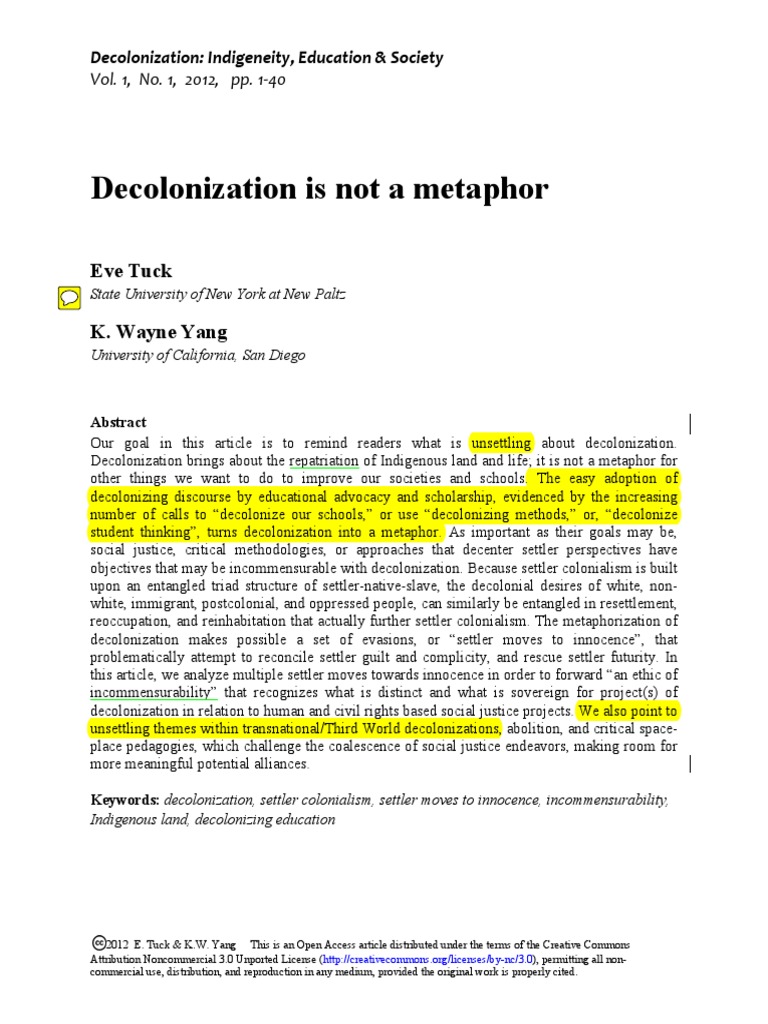 Tuck Yang Decolonization Is Not A Metaphor | PDF | Colonialism | Native ...