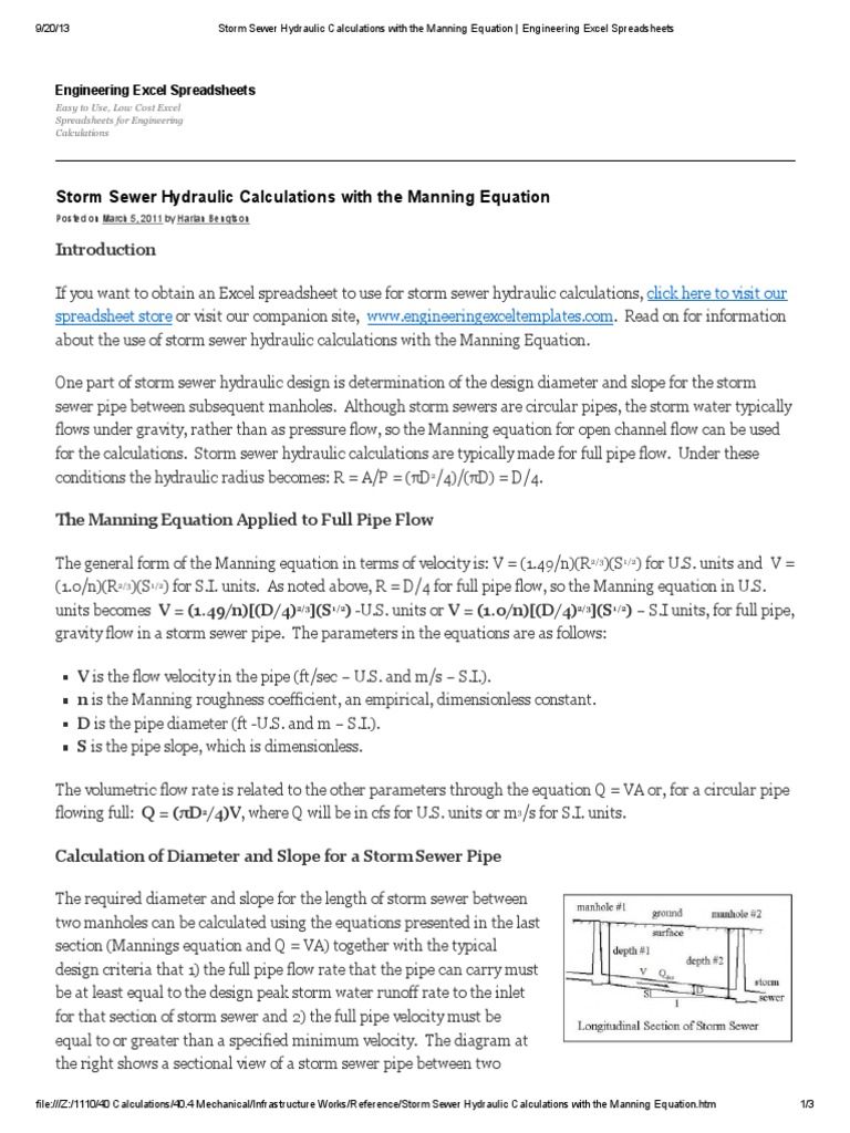 Storm Sewer Hydraulic Calculations With The Manning Equation ...