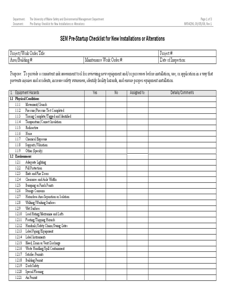Pre Startup Checklist for New Installations or Alterations | Safety ...