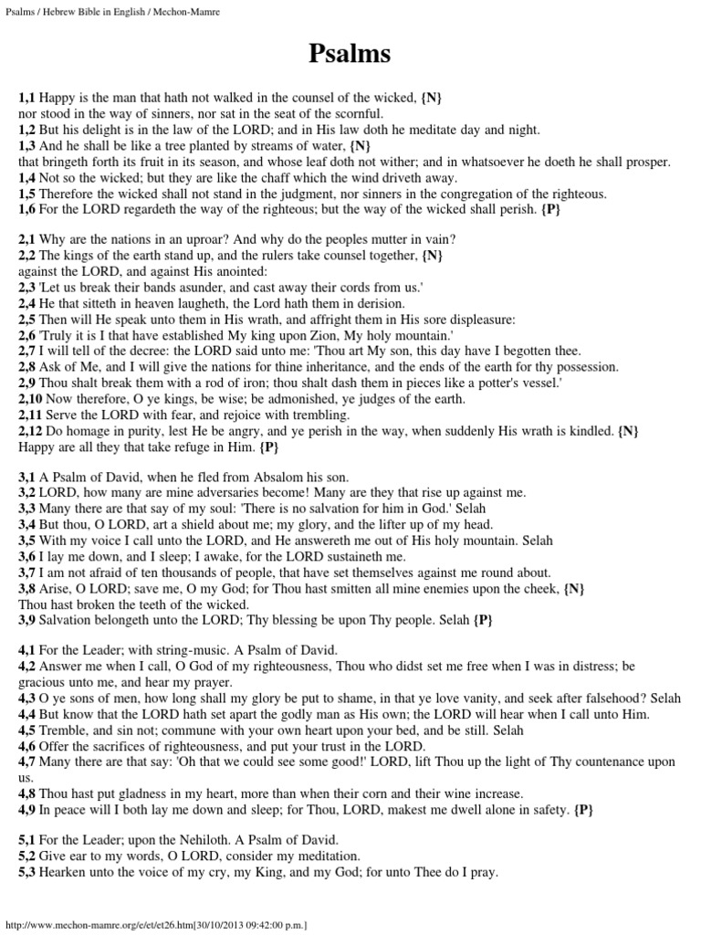 Psalms _ Hebrew Bible in English _ Mechon-Mamre | Religious Belief And ...