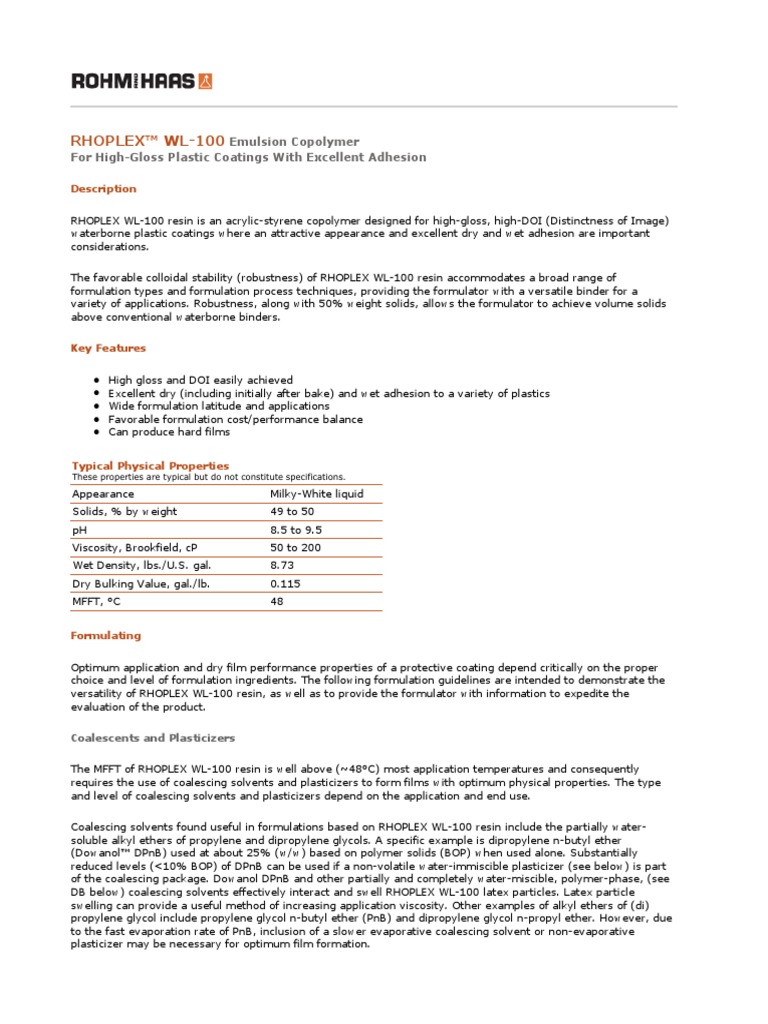 Rhoplex Wl 100 | Paint | Chemical Substances
