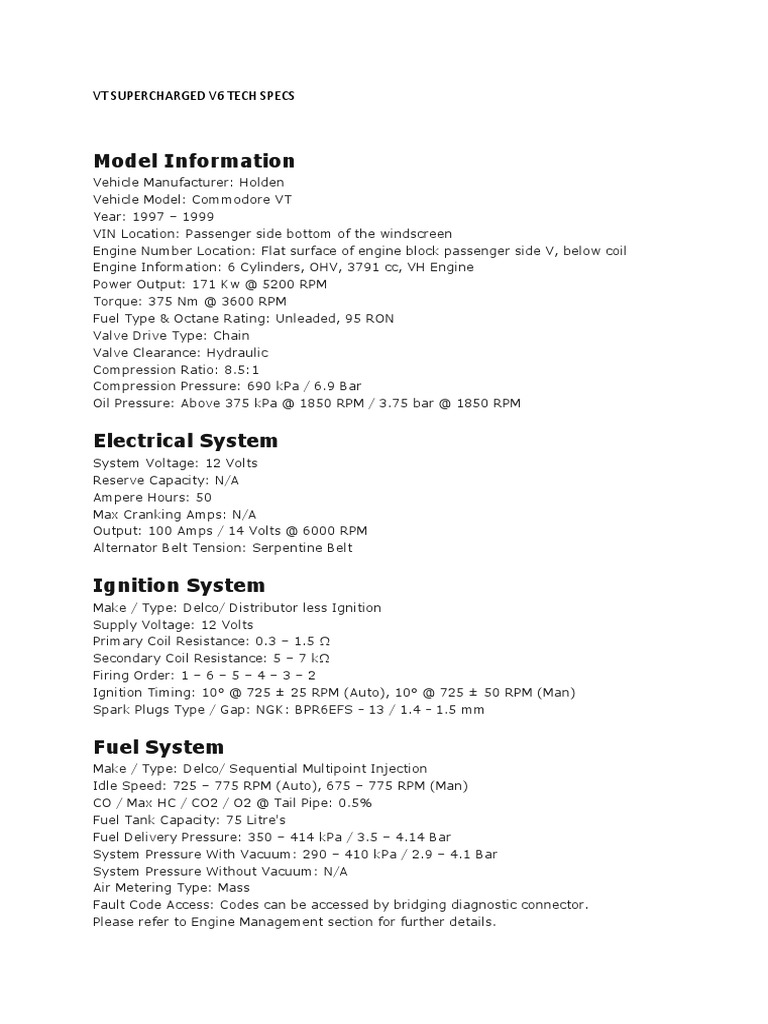 VT Commodore L67 Supercharged Specs | PDF | Ignition System | V6 Engine