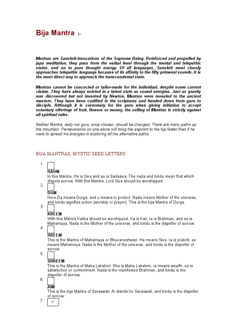 Bija Mantras: A Guide for Devotees | PDF | Mantra | Kali