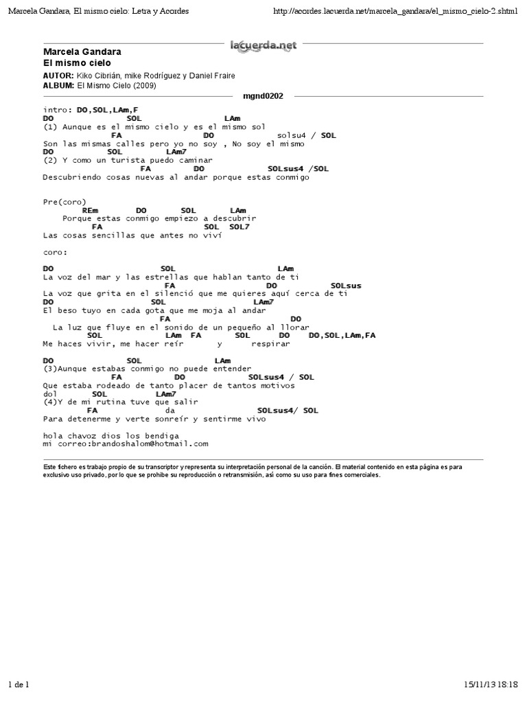 Marcela Gandara, El Mismo Cielo: Letra y Acordes | PDF
