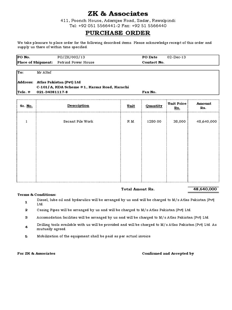 Purchase Order for Secant Pile Work | PDF