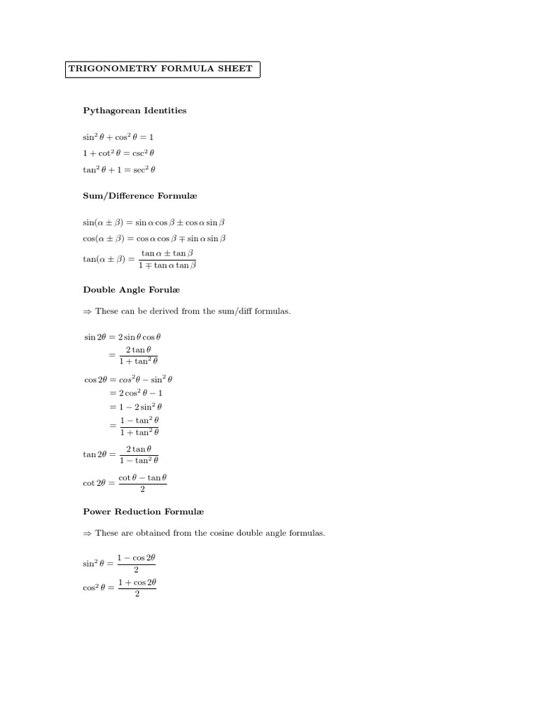 Trig Formula Sheet | PDF